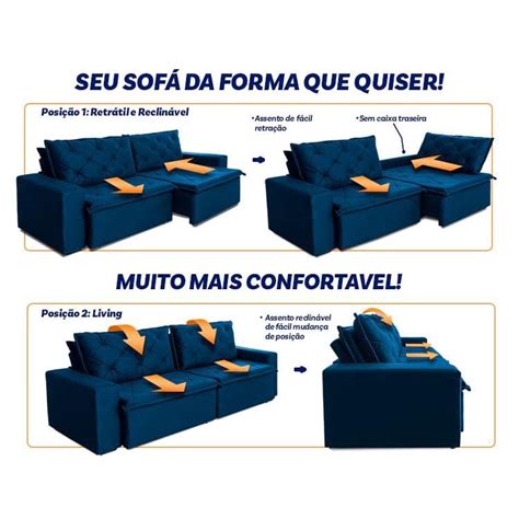 Sofá Cama Retrátil Reclinável 300m Bangkok Suede Velut Azul Marinho