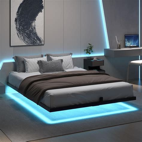 Hombck Floating Bed Frame Full With Led Light Modern Metal