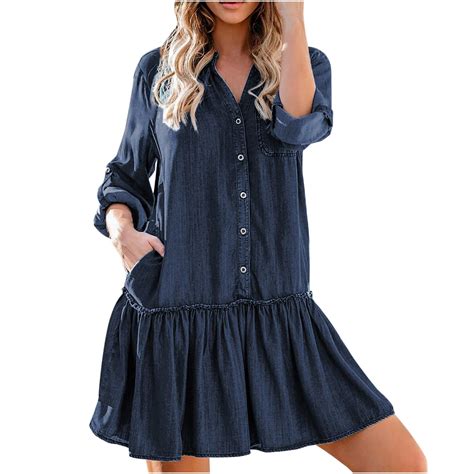 Puff Sleeve Dress Womens Plus Size Denim Dress Tiered Long Sleeve