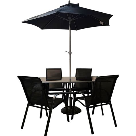 4 Person Rectangular Glass Patio Table Chairs With Black Parasol And Base