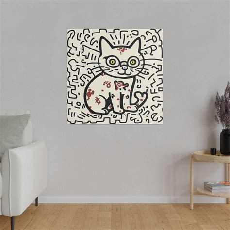 White Cat In The Style Of Keith Haring Matte Canvas Stretched 0 75