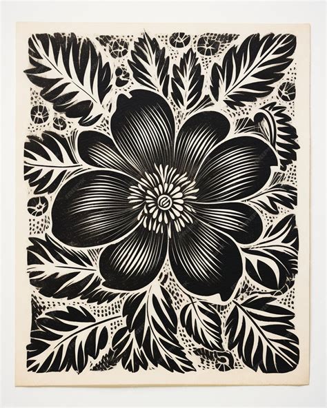 Woodblock Print With A Black Flower And Feather Premium Ai Generated