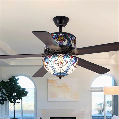 Traditional Tiffany Stained Glass Dome Shade Wood Fan Hardware 5 Light
