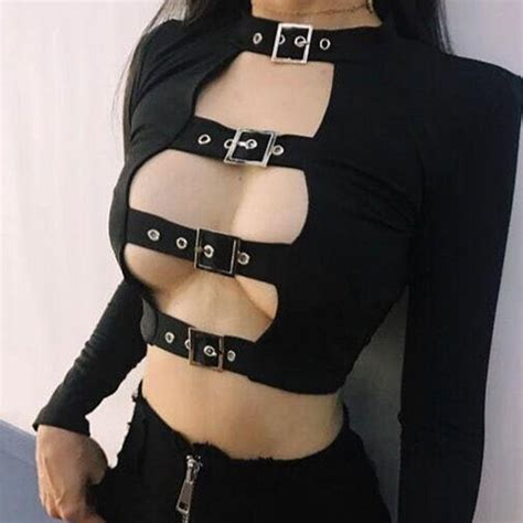 Black Buckle Open Chest Crop Top Long Sleeve Shirt Gothic Dark Style