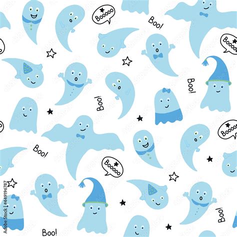 Cute Blue Ghosts On An White Background Illustration Of A Happy