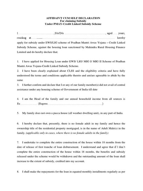 Affidaivt Cum Self Declaration For Claiming Subsidy Under Pmay Credit