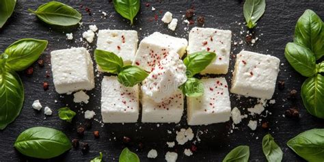 A Plate Of Cheese Cubes With Basil Leaves On Top Stock Illustration Illustration Of Tasty