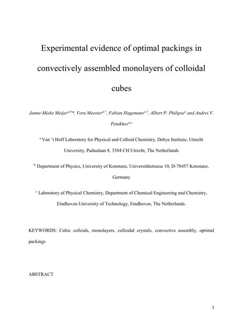 Pdf Convectively Assembled Monolayers Of Colloidal Cubes Evidence Of