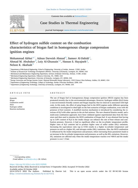 Pdf Effect Of Hydrogen Sulfide Content On The Combustion Characteristics Of Biogas Fuel In