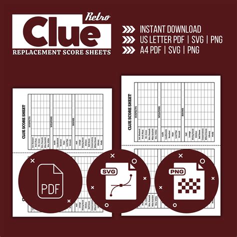 Retro Clue Replacement Score Sheet Pdf Svg Png Files Clue With Mrs White Template Clue Refill