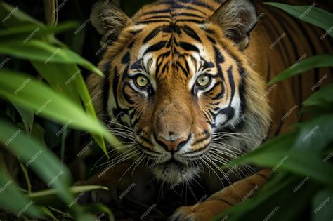 Premium Ai Image Sumatran Tiger In The Dense Jungle Closeup Stalking Its Prey