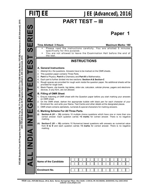 Jee Advanced 2016 Part Test Iii Paper 1 Exam