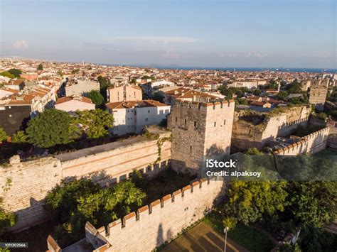 Aerial Drone View Of Ancient Constantinoples Walls In Istanbul