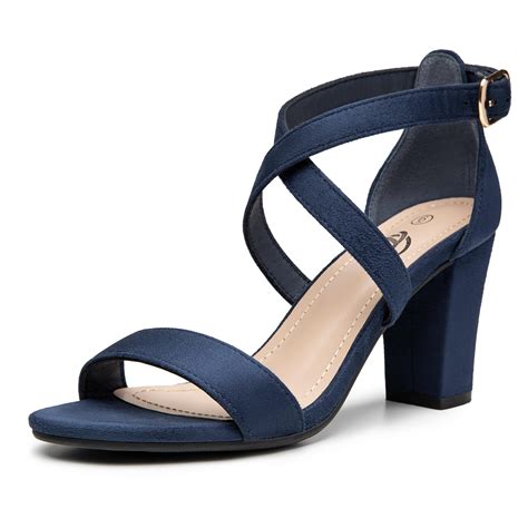 Trary Navy Blue Chunky High Heels Summer Sandals 3 Inches For Women