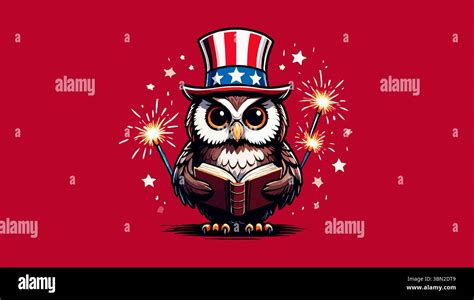 Cute Cartoon Owl Wearing An Uncle Sam Hat Holding A Book And Sparklers