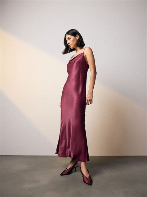 Buy Burgundy Red Satin Cowl Neck Strappy Tie Back Midi Slip Dress From