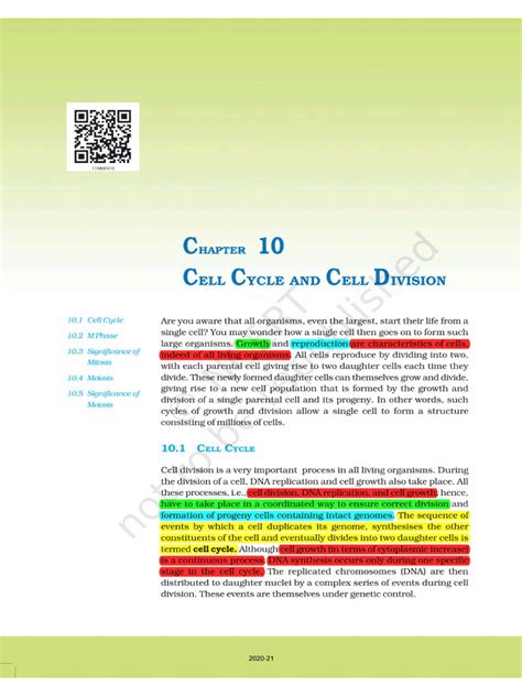 Ncert Highlight Cell Cycle And Cell Division Pdf