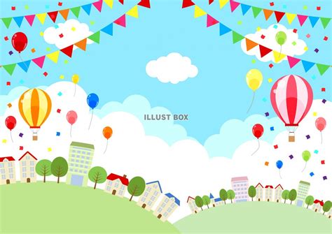 無料イラスト 穏やかで賑やかな初夏の街並み背景ヨコ