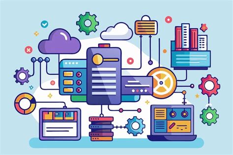 A Vibrant Illustration Showcasing Various Customizable Data Processing Tools Clouds Gears And