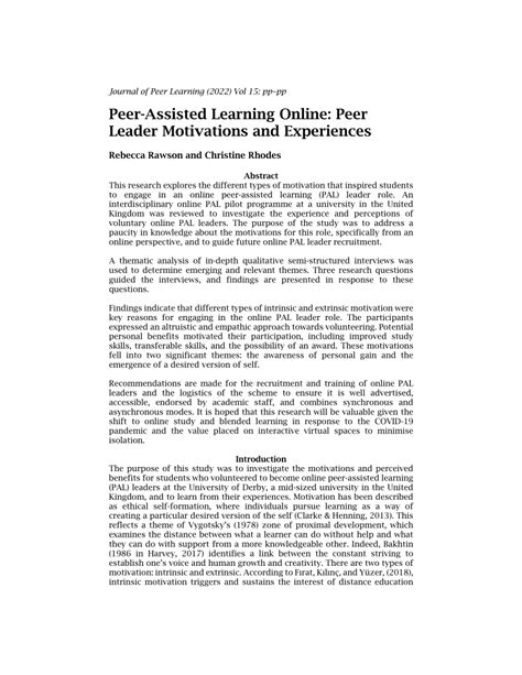 Pdf Peer Assisted Learning Online Peer Leader Motivations And