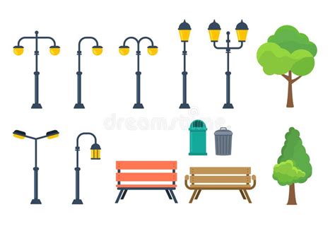 Set Of Park Elements With Street Lamps And Benches Trees Trash Bins