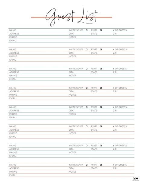 Guest List Templates 12 Free Printables Printabulls