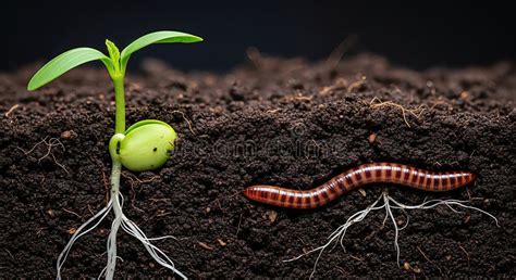 Cross Section Of Fertile Soil Revealing Seedling Growth And Earthworm