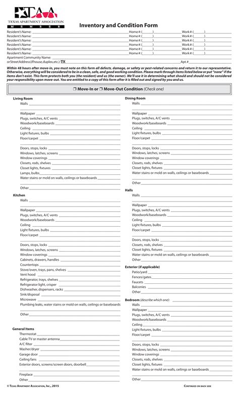 Texas Inventory And Condition Form Texas Apartment Association Fill