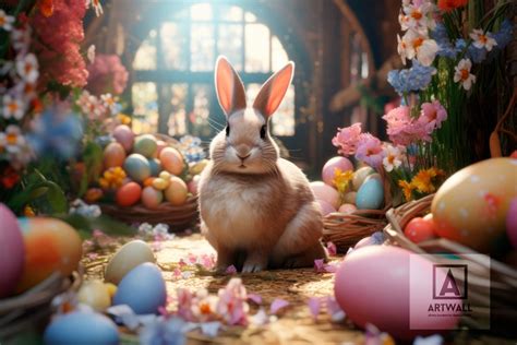 Cute Easter Bunny Coloful Easter Eggs And Spring Flowers