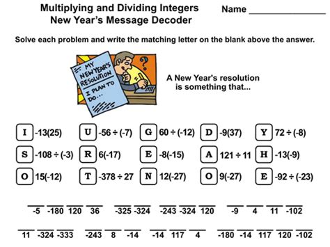 Multiplying And Dividing Integers New Years Math Activity Message Decoder Teaching Resources
