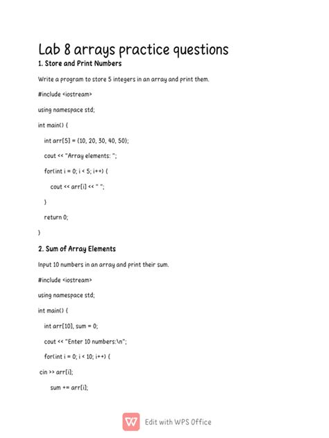 Lab 9 Arrays Practice Spring 25 Pdf Integer Computer Science Namespace