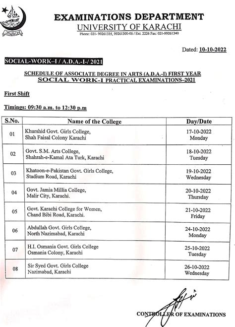 Schedule Of Associate Degree In Arts Ada I First Year 2021