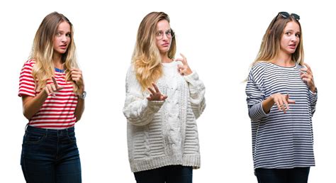 격리 된 배경 위에 젊은 아름 다운 금발의 여 자가의 콜라주 식 불쾌 하 고 무서운 혐오 때문에 역 겨 운 얼굴을 하 고 혐오 반응 손으로 발생합니다 성가신 개념입니다