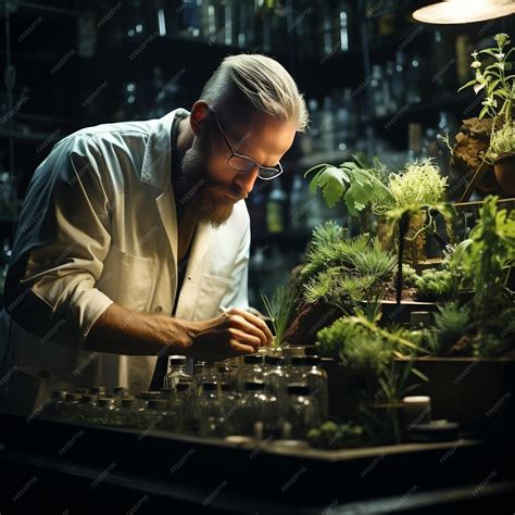 Premium Ai Image A Man Carries Plant Under Microscope In A Laboratory