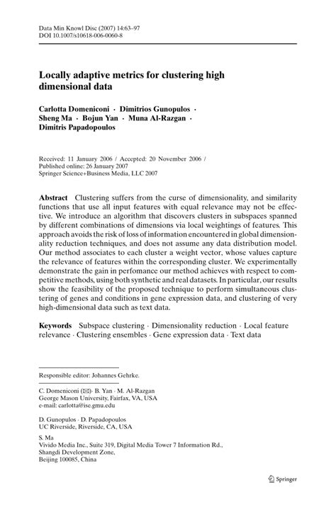 Pdf Locally Adaptive Metrics For Clustering High Dimensional Data