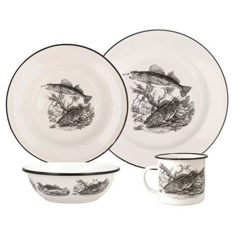 Walleye Pattern 16 Piece Enamelware Dish Set