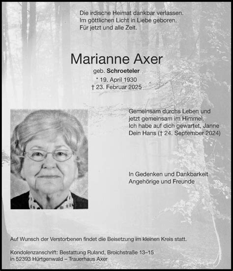 Traueranzeigen Von Marianne Axer Aachen Gedenkt