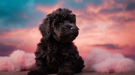 Black Poodle Dog Looks Past Pink Clouds At Sunset Background Black