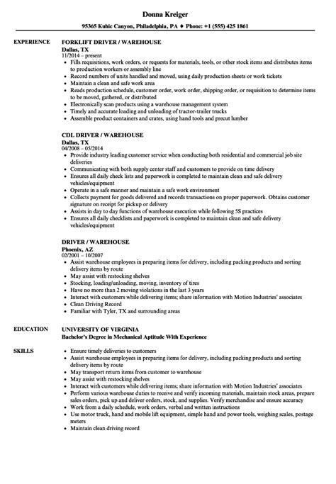 Driver Warehouse Resume Samples Velvet Jobs