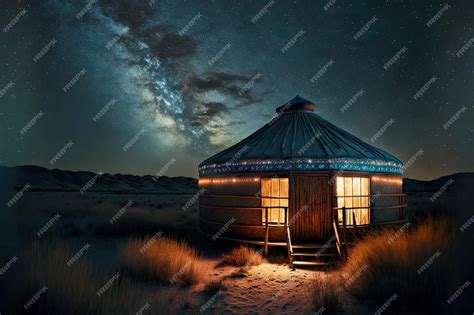 Premium Photo Beautiful Glowing Yurt Against Backdrop Of Galaxy Of