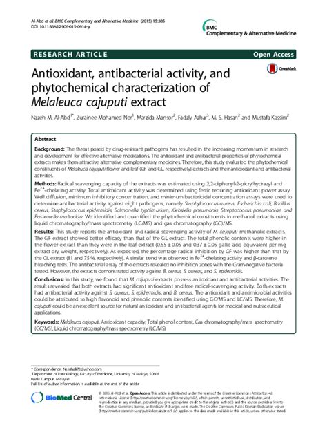 Pdf Antioxidant Antibacterial Activity And Phytochemical Characterization Of Melaleuca