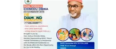 Hon Joshua Chinedu Obika Mhr In Partnership With De Diamond Foundation