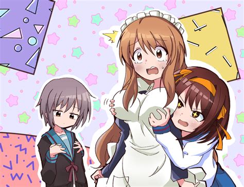 Safebooru 3girls Asahina Mikuru Breast Envy Breasts Brown Eyes
