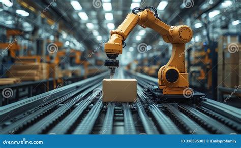 Robotic Arm With Adaptive Grippers Handling Packages In A Modern Automated Warehouse Stock Image