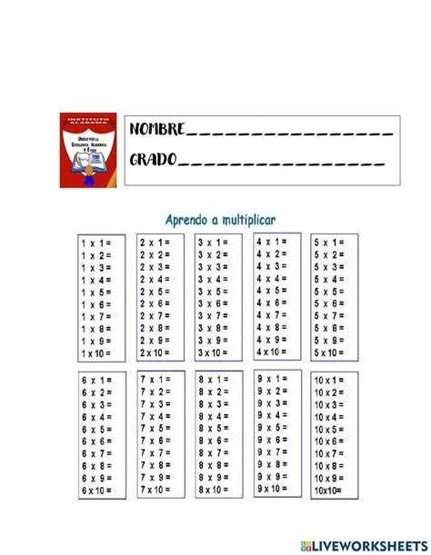 Tablas De Multiplicar Online Exercise For 1er Semestre Live Worksheets