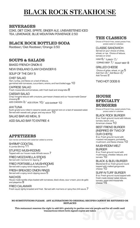 Menu For Black Rock Steakhouse In Springfield Vt Sirved