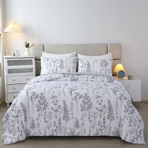 Urbonur Queen Comforter Set 5 Piece White Botanical Flower Bed In A