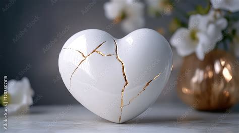 Kintsugi Upcycled White Porcelain Ceramic Heart With Golden Cracks