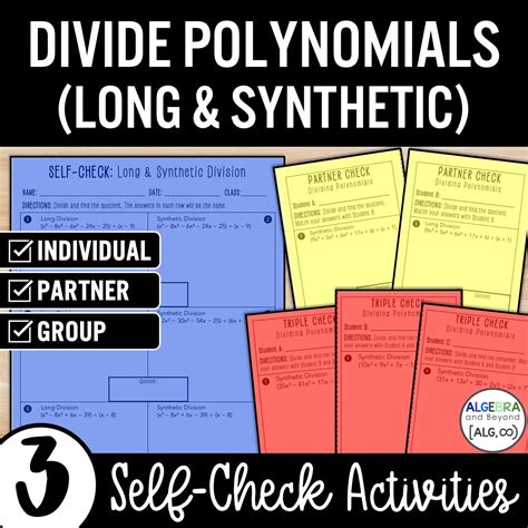 Dividing Polynomials Long And Synthetic Division Activity Partner Algebra And Beyond