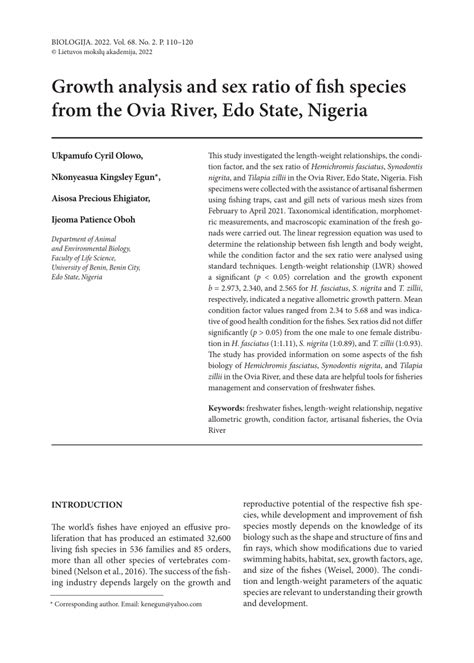 Pdf Growth Analysis And Sex Ratio Of Fish Species From The Ovia River